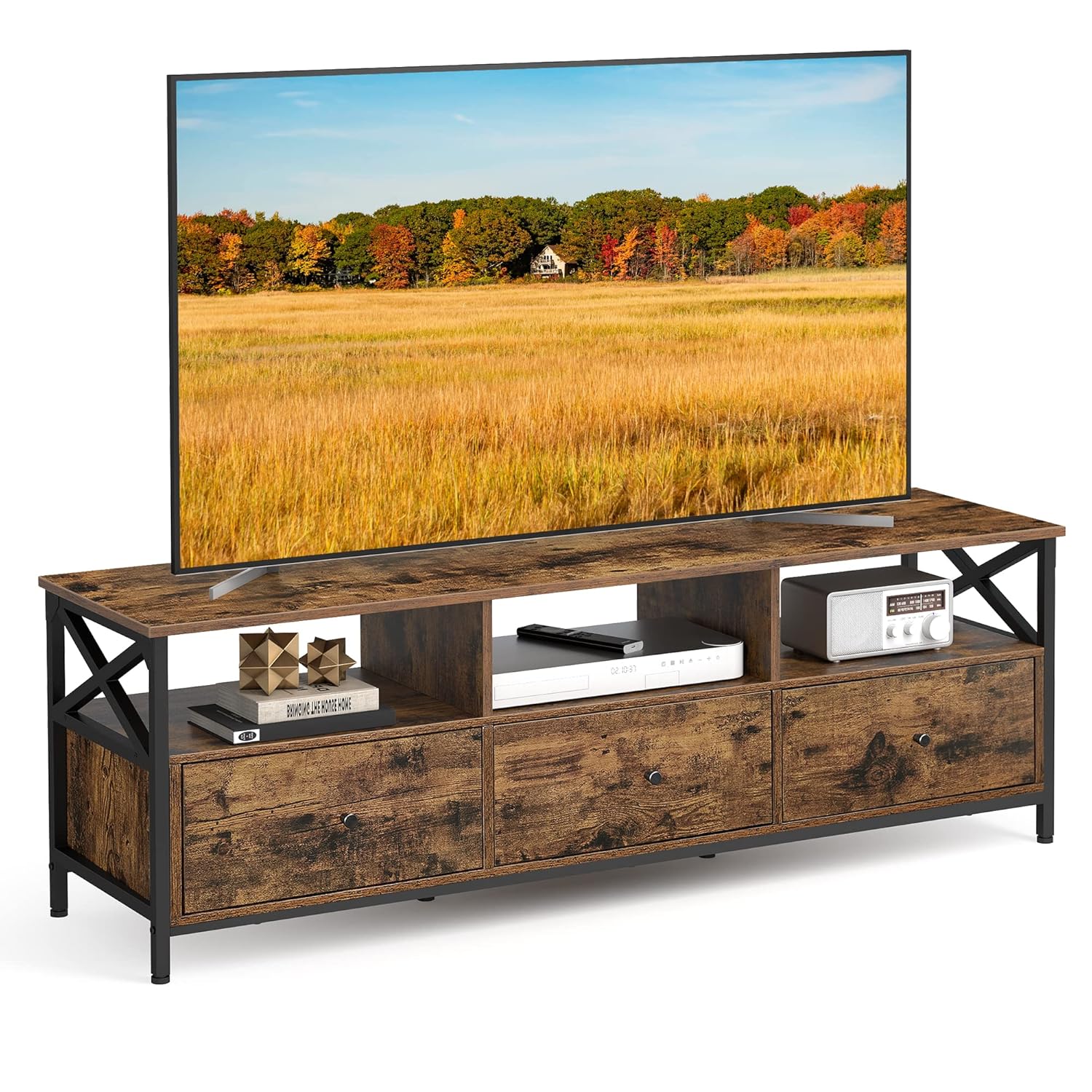 VASAGLE TV‑Schrank Lowboard 65 Zoll 147 cm, 3 Schubladen, Stahlgestell ...